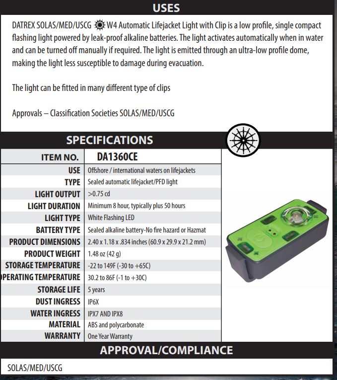 Marine Safety Equipment DA1360CE Rescue-Dan W4 Lifejacket LED Light ...